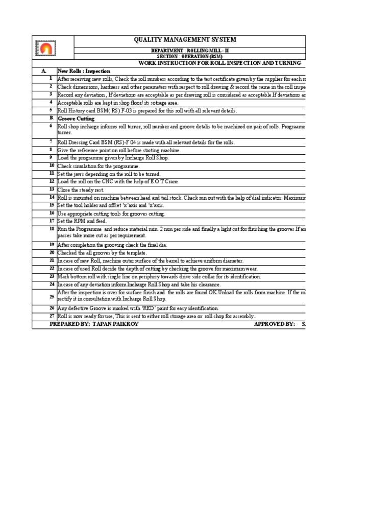 Quality Management System: Work Instruction For Roll Inspection and ...