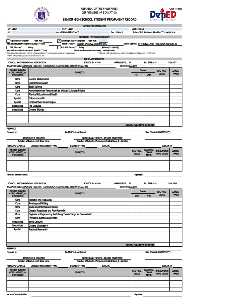 Senior High School Student Permanent Record: Republic of The ...