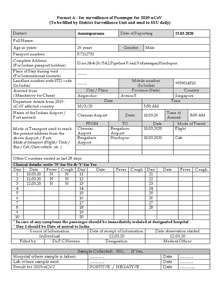 Format A - For Surveillance of Passenger For 2019-Ncov (To Be Filled by ...