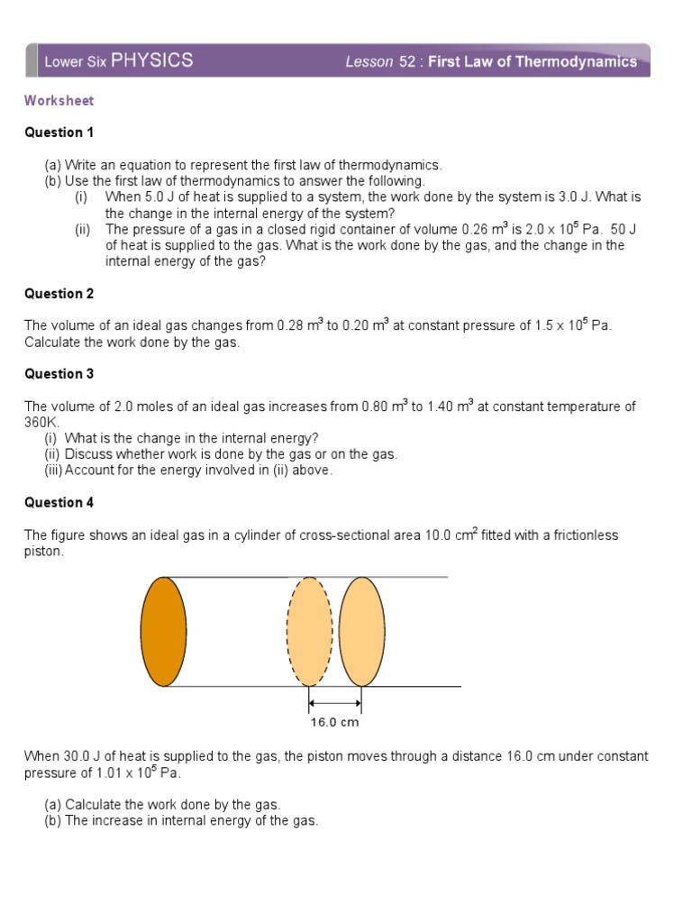 Worksheet 52 First Law of Thermodynamics | PDF | Gases | Heat