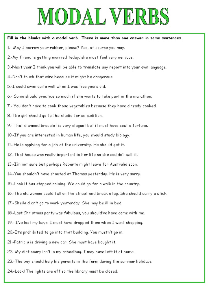 Fill in The Blanks With A Modal Verb. There Is More Than One Answer in ...