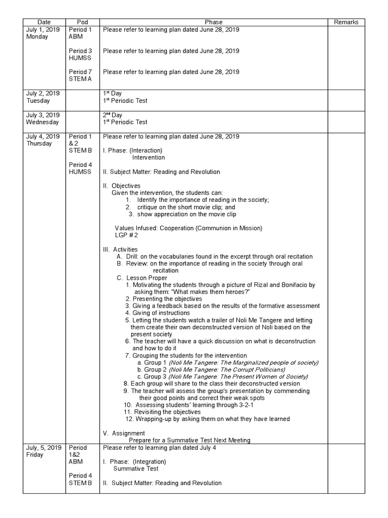 Sample Lesson Plan For Reading and Revolution | PDF | Lesson Plan ...