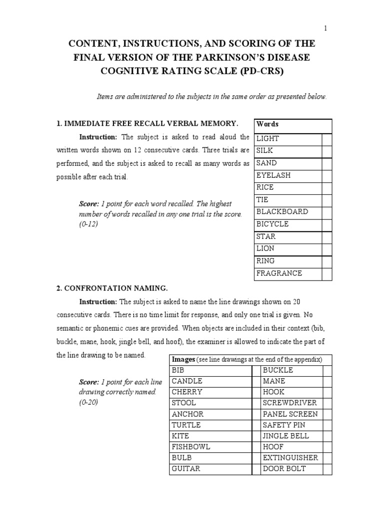Parkinson Disease Cognitive Rating Scale - PD-CRS PDF | PDF | Recall ...