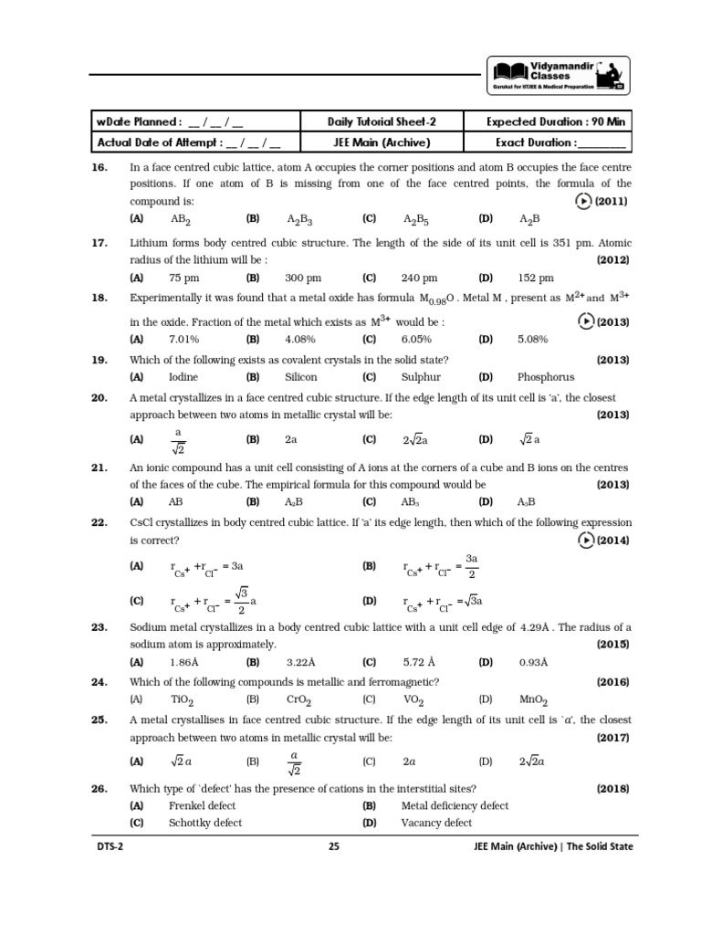 JEE Main Solid State Practice | PDF | Crystal Structure | Condensed ...