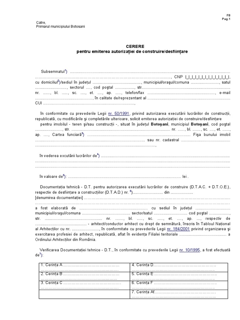 Formular Tip Cerere Autorizare Cu Anexa | PDF