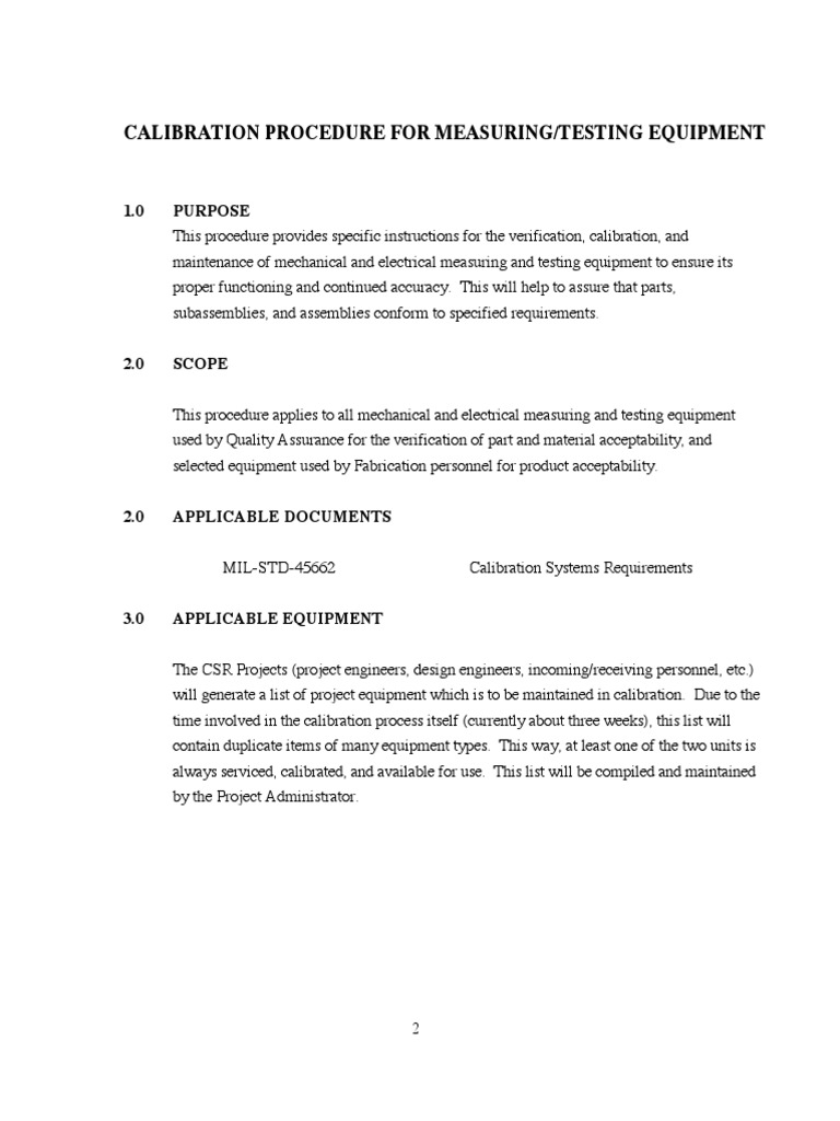 Calibration Procedure For Measuring/Testing Equipment: 1.0 Purpose ...