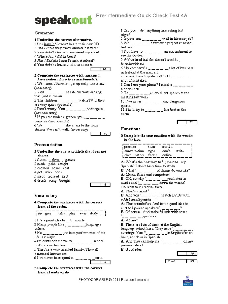 Pre-Intermediate Quick Check Test 4A: Grammar | Download Free PDF ...