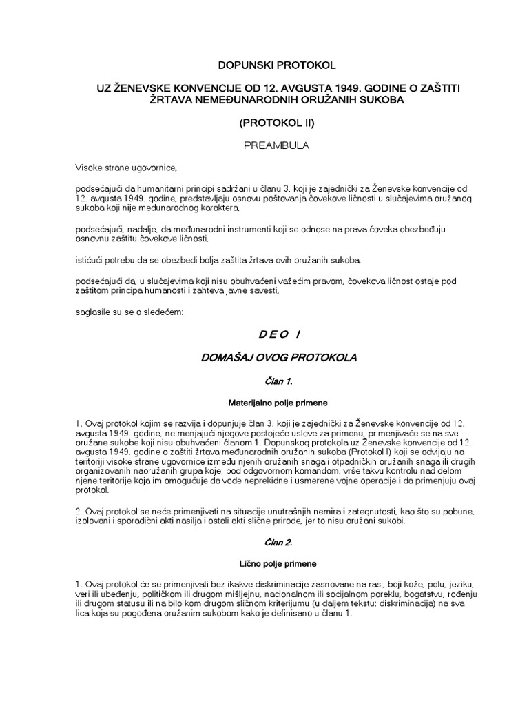 Protokol Ii - Dopunski Protokol Uz Ženevske Konvencije Od 12. Avgusta ...