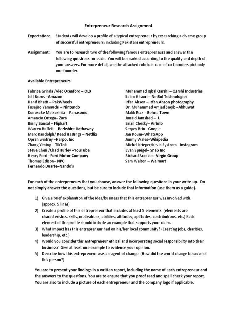 Entrepreneur Research Assignment Guide | PDF | Entrepreneurship ...
