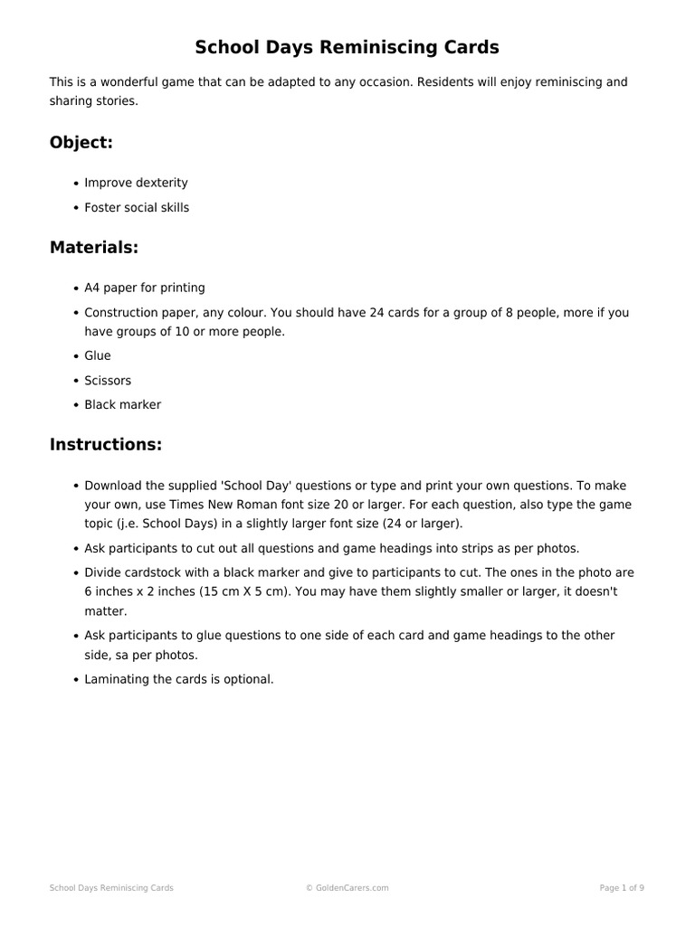 School Days Reminiscing Cards | PDF | Learning