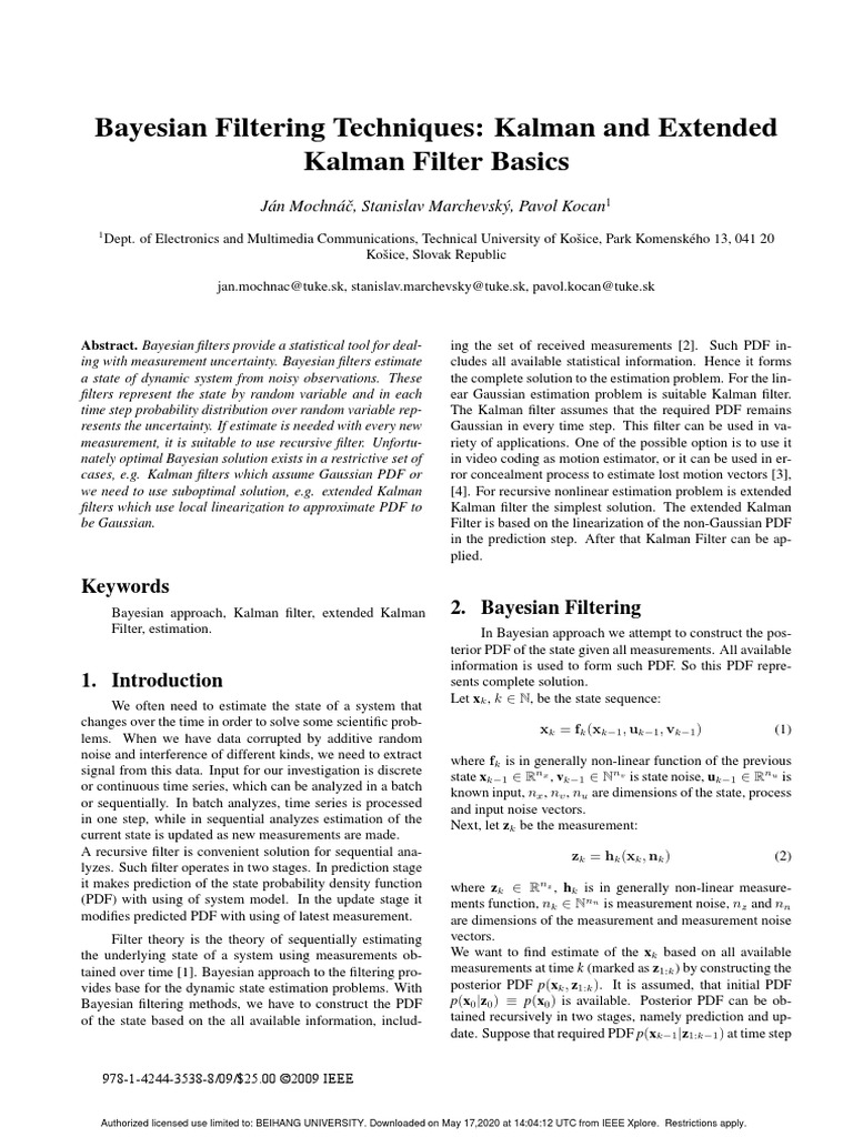 Bayesian Filtering Techniques: Kalman and Extended Kalman Filter Basics | Download Free PDF ...
