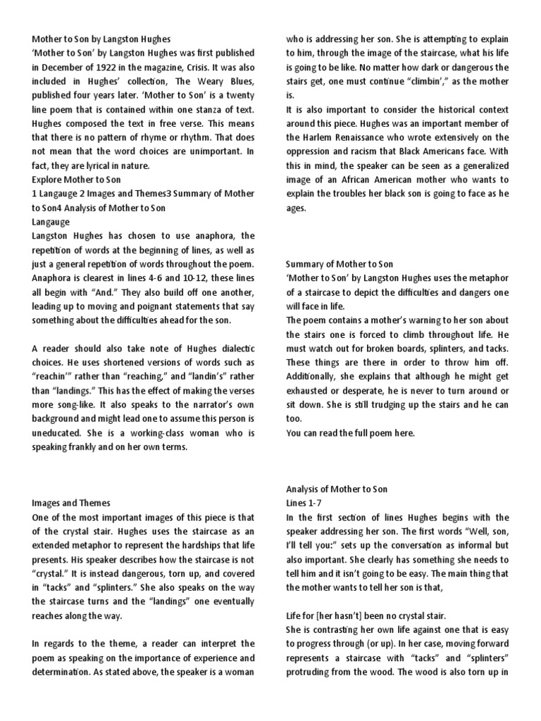 Mother To Son by Langston Hughes | PDF | Stairs | Poetry