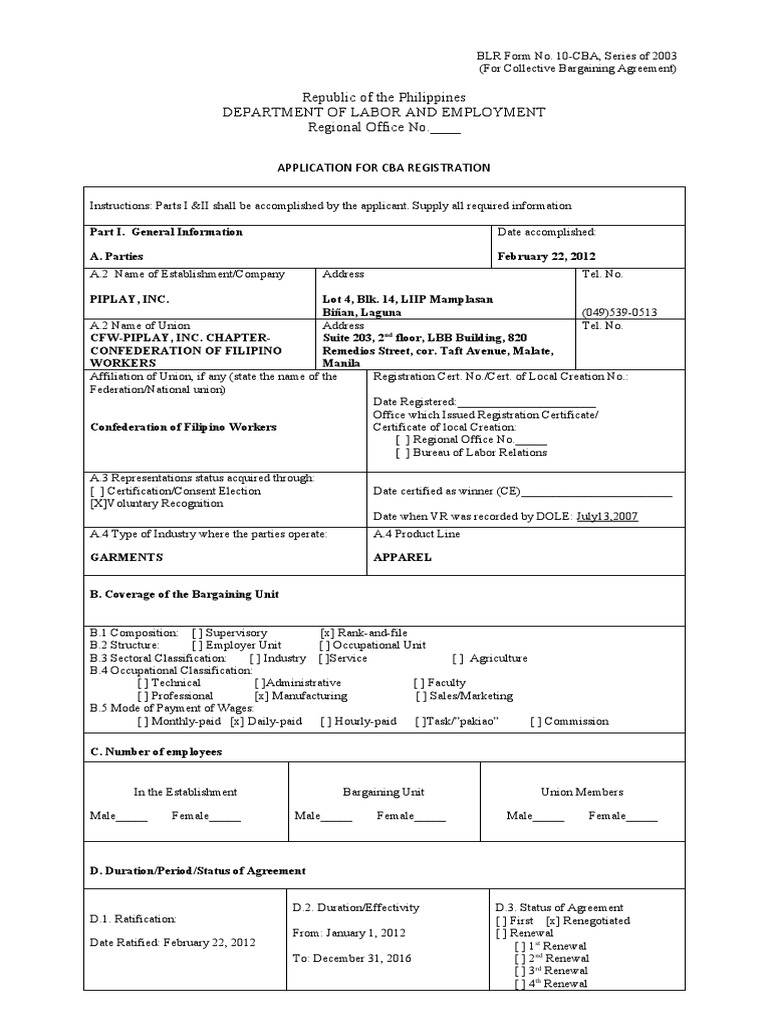 Application For CBA Registration (BLR Form No. 10-CBA, S 2003) | PDF | Collective Bargaining ...