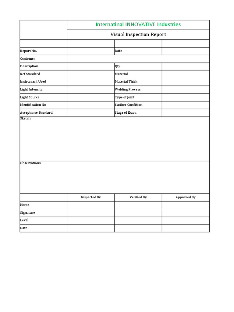 Internatinal INNOVATIVE Industries: Visual Inspection Report | PDF