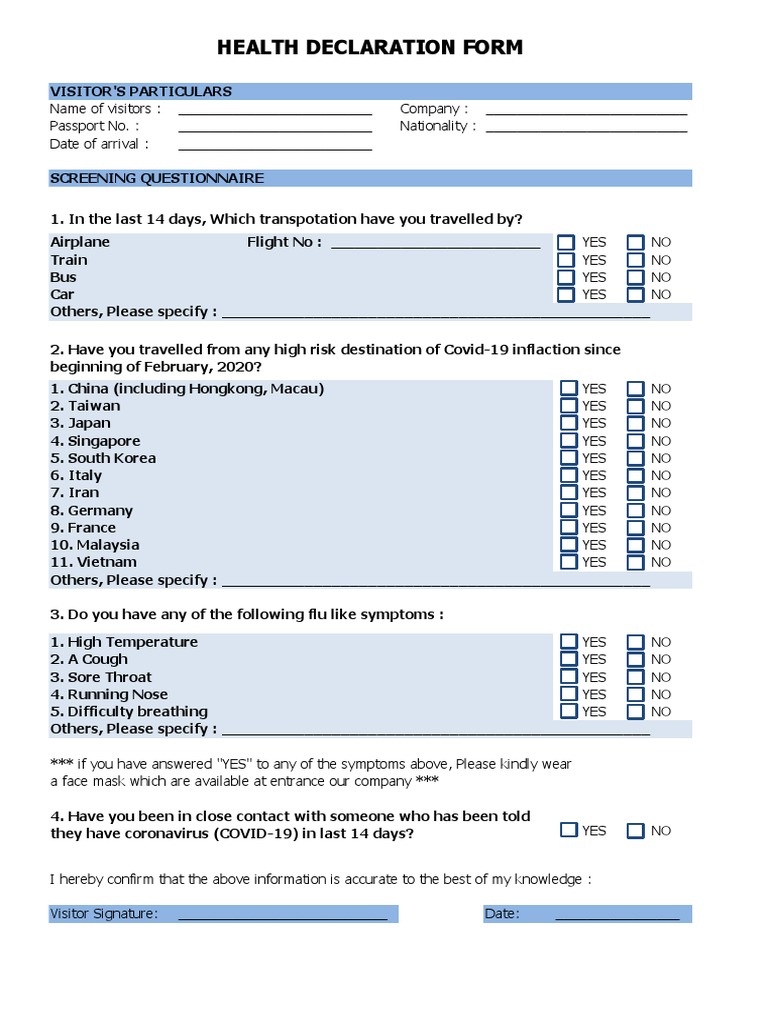 Health Declaration Form | PDF | Global Health | Epidemics