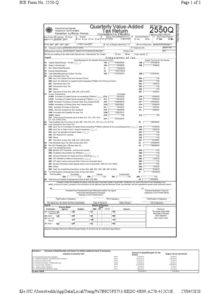 Quarterly Value Added Tax Declaration - 1st Quarter | PDF | Withholding ...