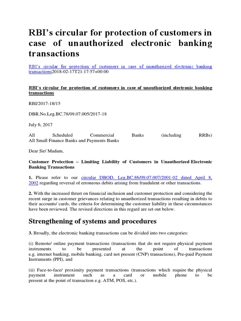 Rbi Circular To Protect Customer | PDF