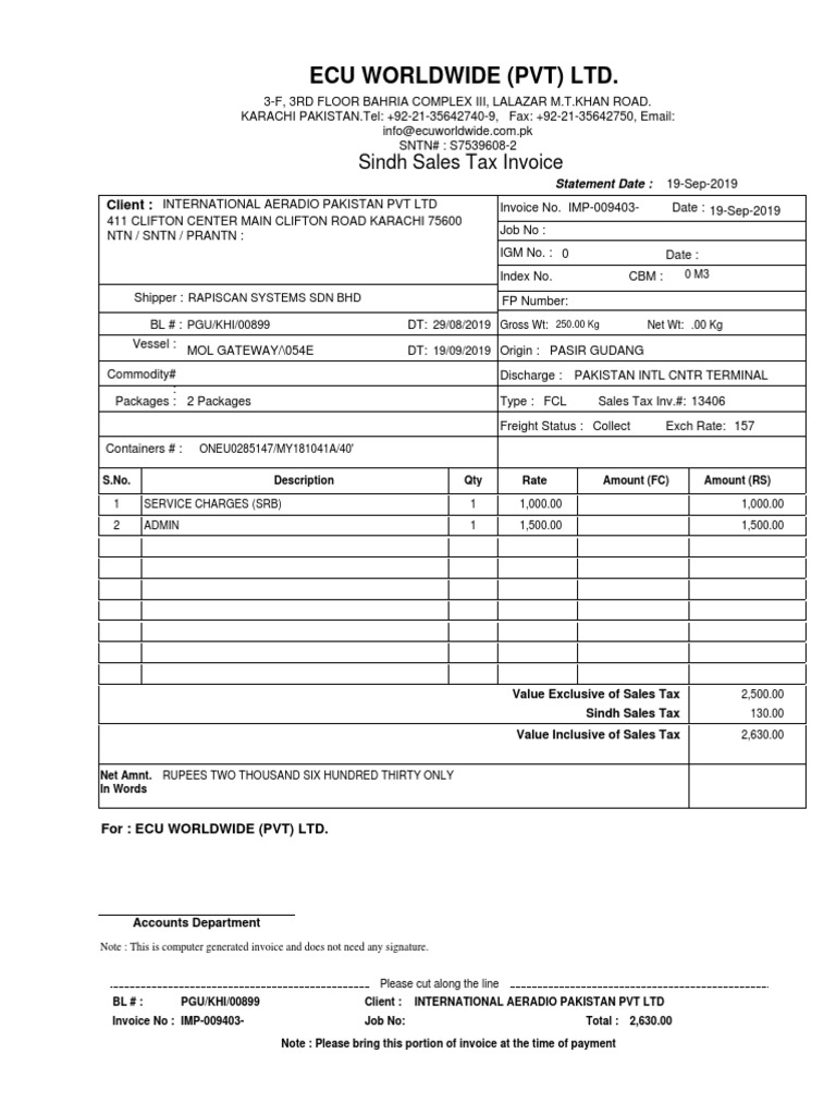 Ecu Worldwide (PVT) LTD.: Sindh Sales Tax Invoice | PDF | Public ...