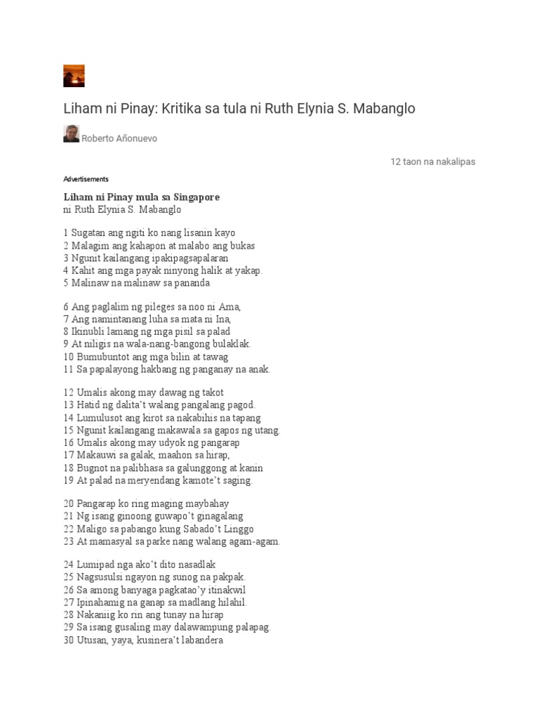 Liham Ni Pinay: Kritika Sa Tula Ni Ruth Elynia S. Mabanglo | PDF