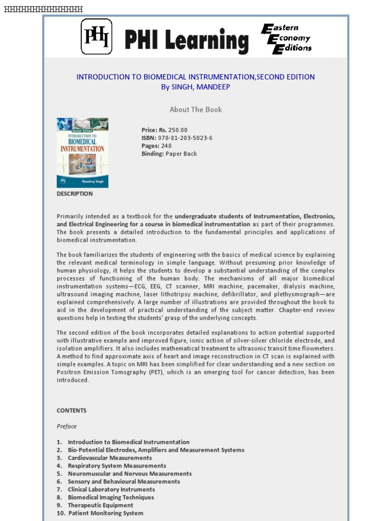 Introduction To Biomedical Instrumentation by Singh Mandeep PDF | PDF | Medical Imaging | Medicine
