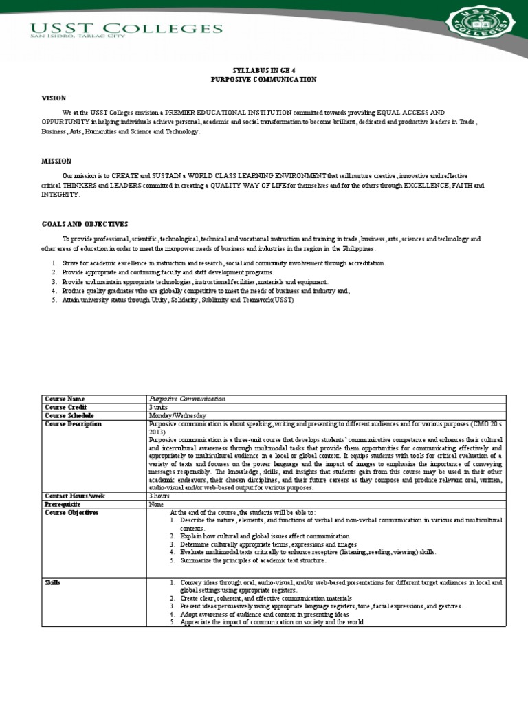 SYLLABUS IN GE 4 Purposive Communication | PDF | Communication | Human ...