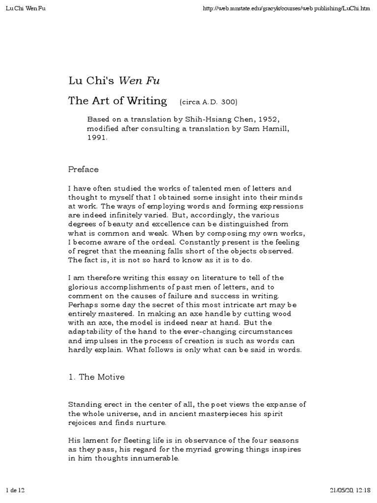 Lu Chi's Wen Fu The Art of Writing: Preface | PDF
