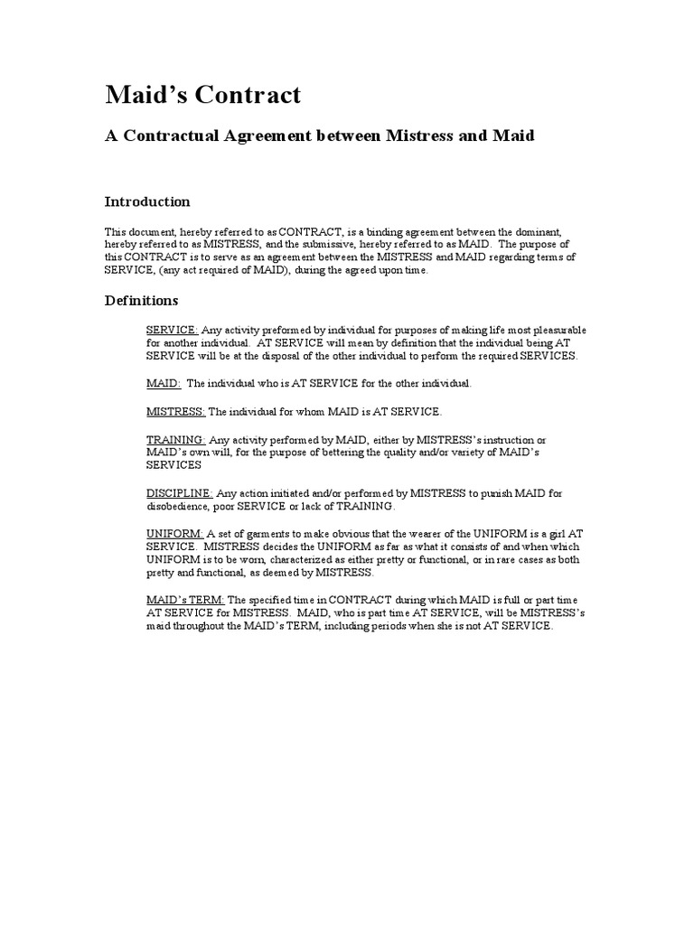Maid's Contract: A Contractual Agreement Between Mistress and Maid ...