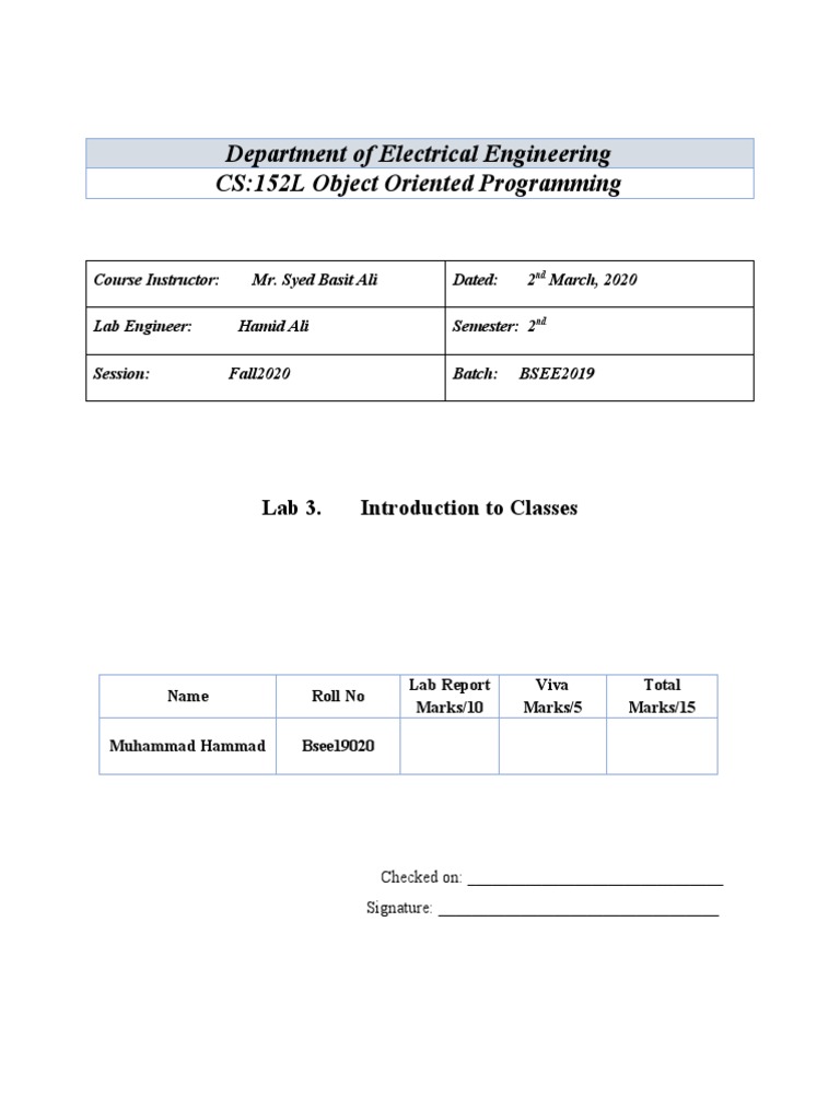 Department of Electrical Engineering CS:152L Object Oriented Programming | PDF | Salary | Computing
