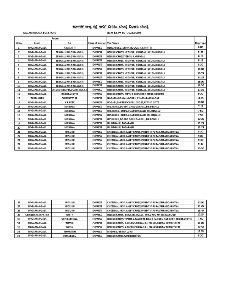 Nagamangala Bus Timings and Routes | PDF