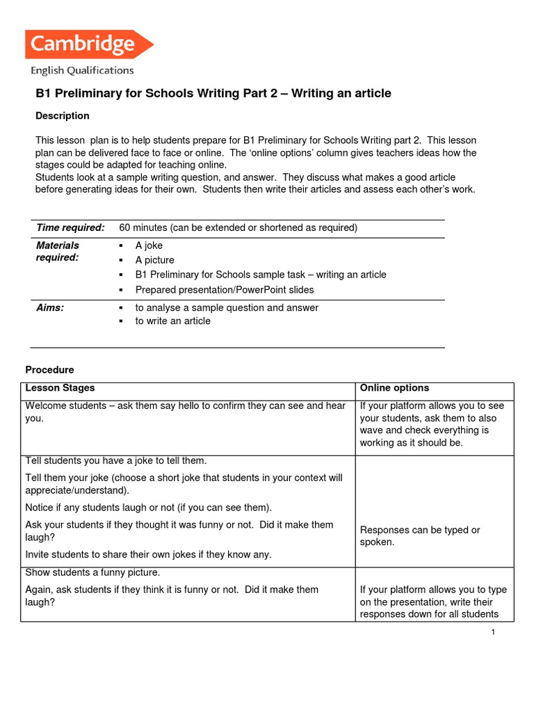 b1 Preliminary For Schools Writing Part 2 An Article | PDF | Jokes ...