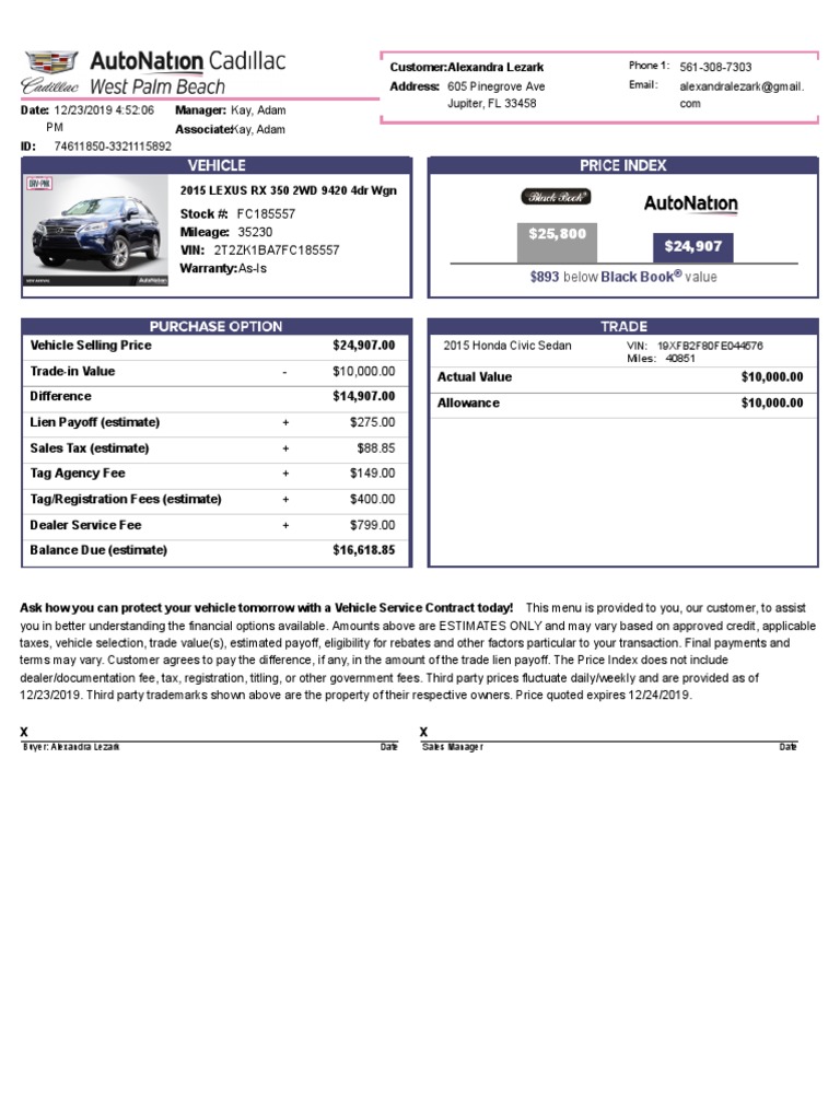 2015 - LEXUS - RX 350 2WD - Quote - 12232019 - 165206 | PDF | Fee | Prices