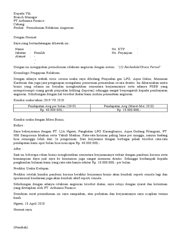 Contoh Surat Pengajuan Relaksasi Kredit | PDF