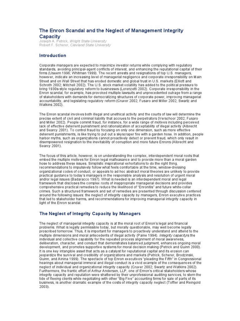 The Enron Scandal and The Neglect of Management Integrity Capacity ...