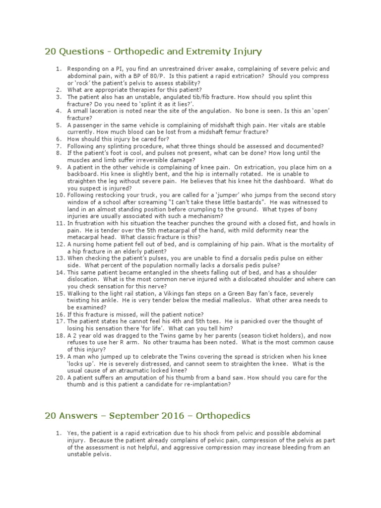 20 Questions - Orthopedic and Extremity Injury | PDF | Knee | Elbow