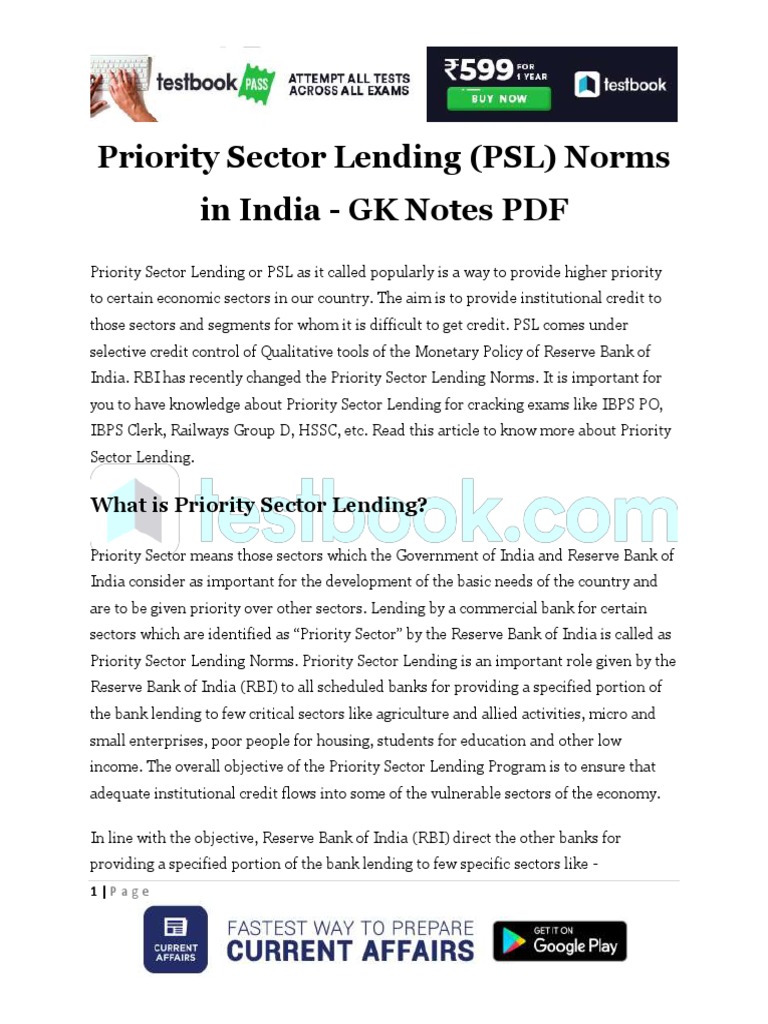 Priority Sector Lending Norms in India | PDF | Reserve Bank Of India ...