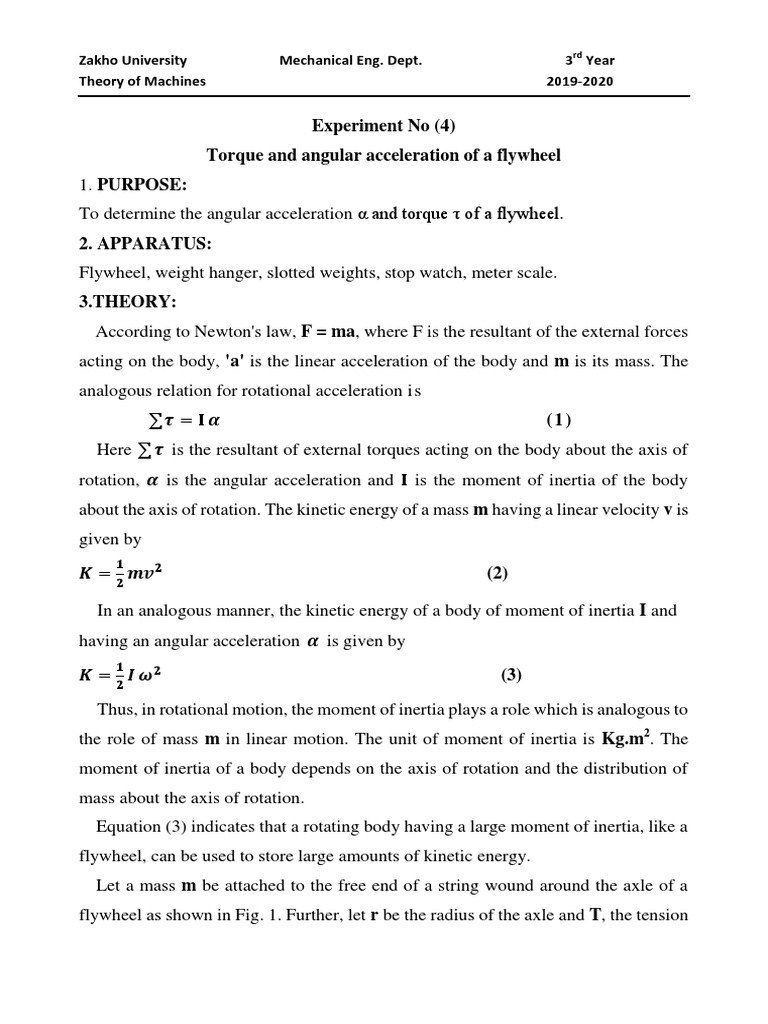 Experiment No (4) Torque and Angular Acceleration of A Flywheel | PDF | Rotation Around A Fixed ...
