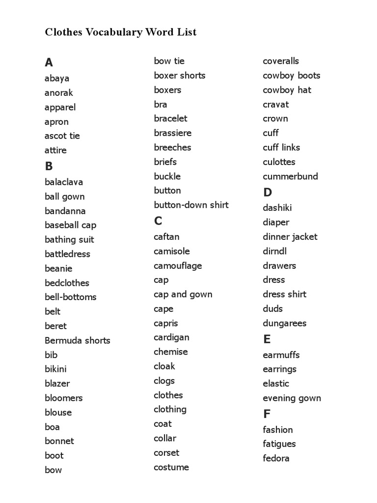 Clothes Vocabulary Word List | PDF | Undergarment | Clothing