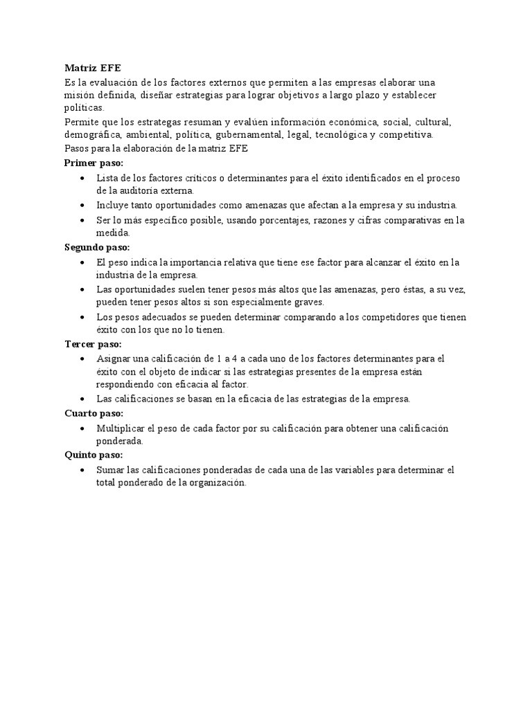 Matriz EFE y EFI | PDF | Evaluación | Economias