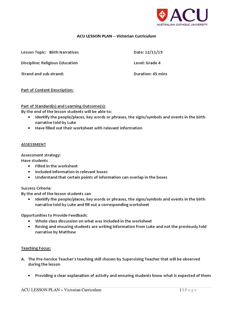 ACU LESSON PLAN - Victorian Curriculum 1 | PDF | Lesson Plan | Teachers
