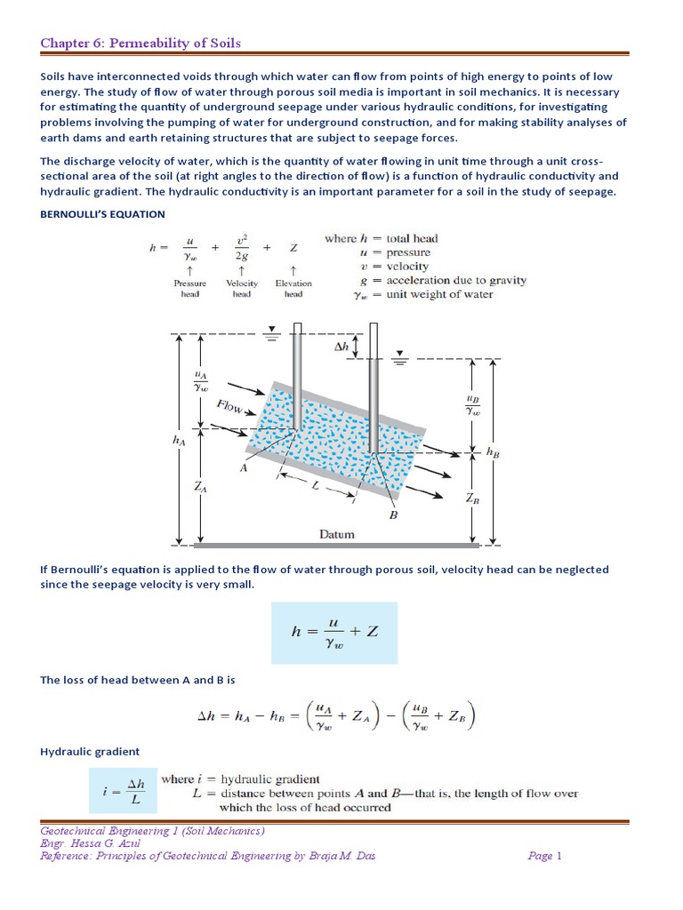 Chapter 6: Permeability of Soils: Bernoulli'S Equation | Download Free ...