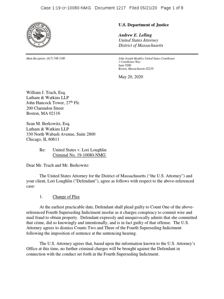Lori Loughlin Plea Agreement Details | PDF | Plea | Plea Bargain