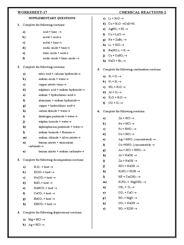 Chemical Reactions Worksheet: Balancing and Completing Equations for ...