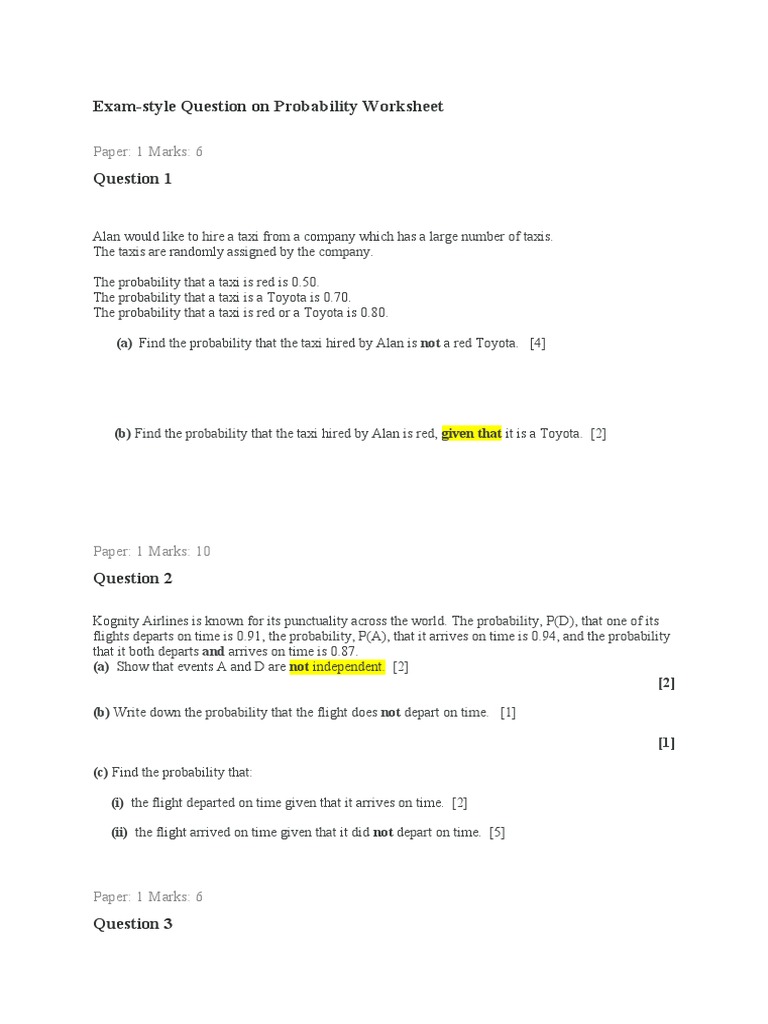 Exam-Style Question On Probability Worksheet: Paper: 1 Marks: 6 | PDF ...