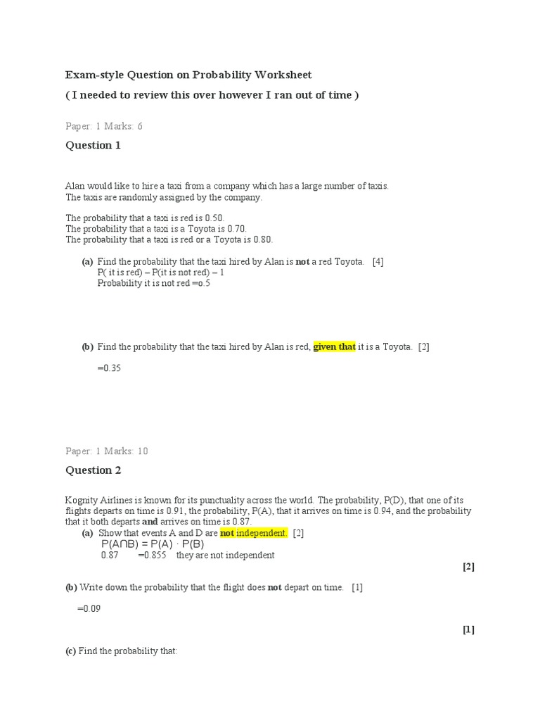 Exam-Style Question On Probability Worksheet (I Needed To Review This ...
