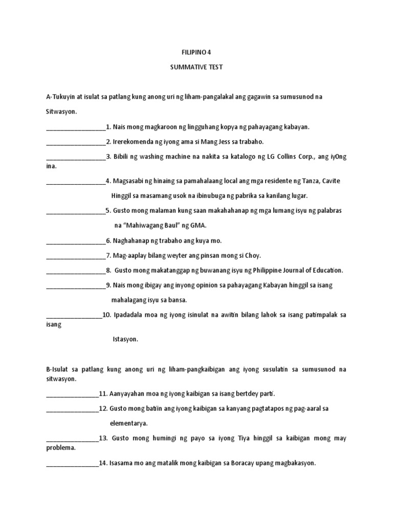 FILIPINO 4 SUMMATIVE TEST SA 4th | PDF