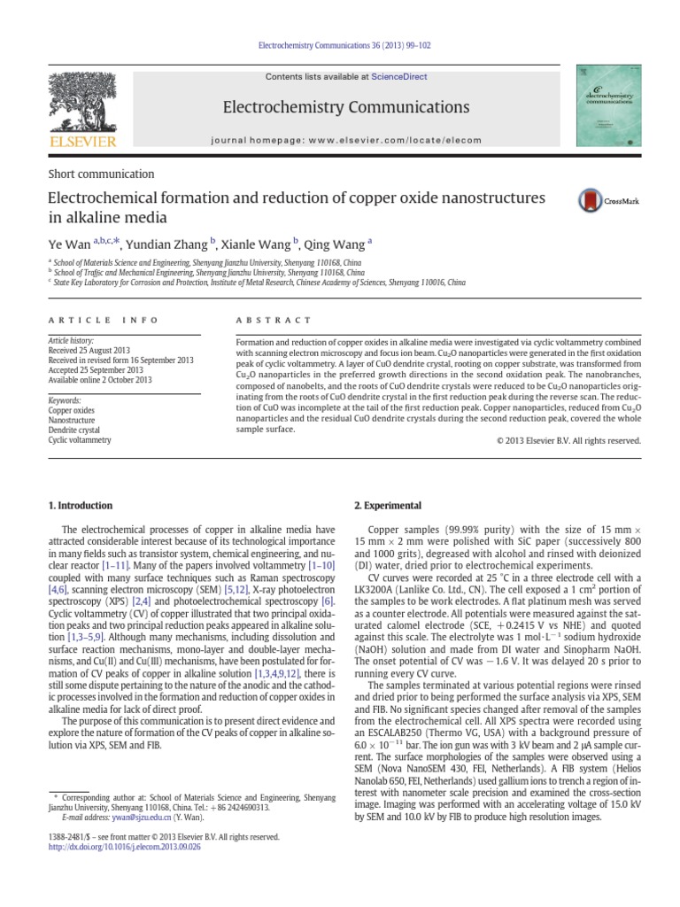 Electrochemical Formation and Reduction of Copper Oxide Nanostructures | PDF | Electrochemistry ...