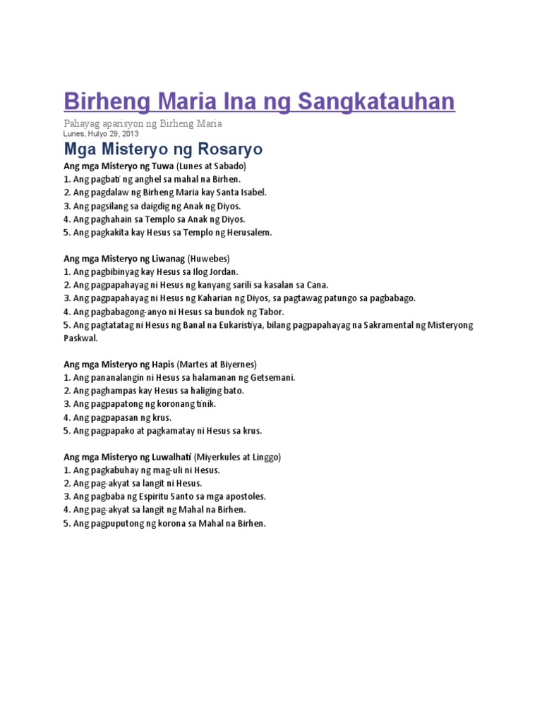 Mga Misteryo NG Rosaryo | PDF