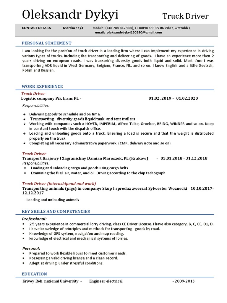 Truck-Driver-resume - Oleksandr Dykyi-1 | PDF | Truck Driver | Truck