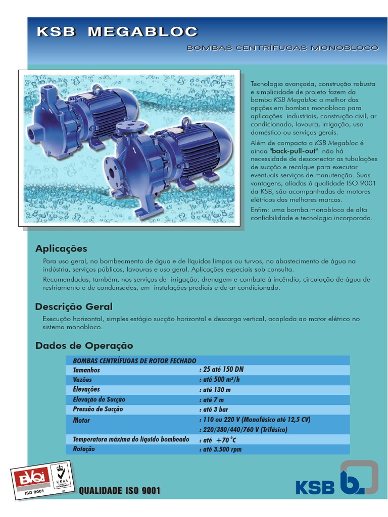 BOMBA D'ÁGUA KSB - Megabloc - Manual - Tecnico PDF | PDF | Bomba | Máquinas