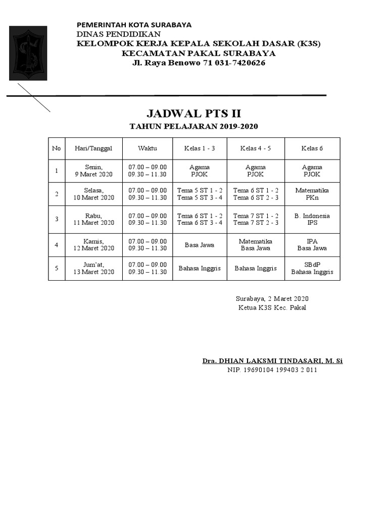 JADWAL k3s Pakal Benowo 2020 | PDF